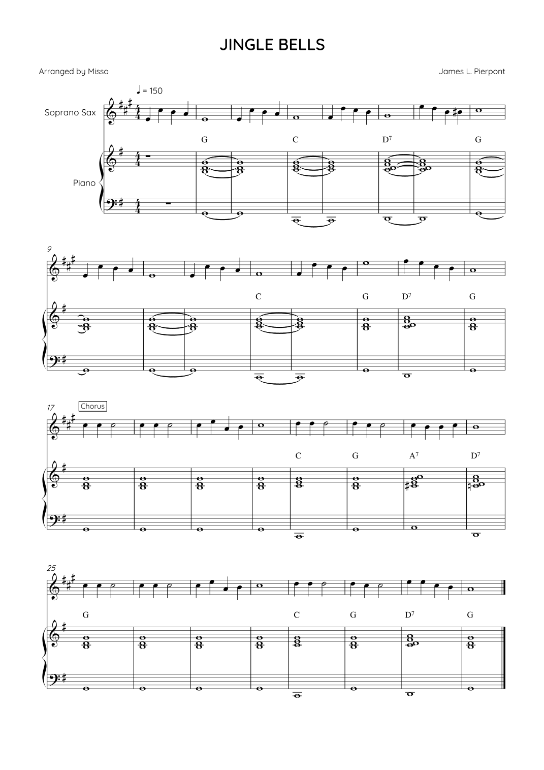 Jingle Bells - Soprano Sax & Piano in G Major - Beginner With Chords (arr. MissoRB) par James L ...