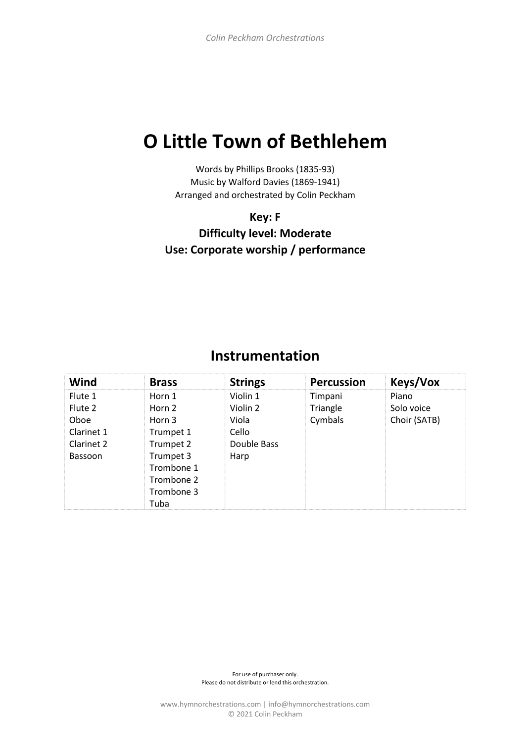 O Little Town of Bethlehem (SSATB and orchestra) (arr. Colin Peckham ...