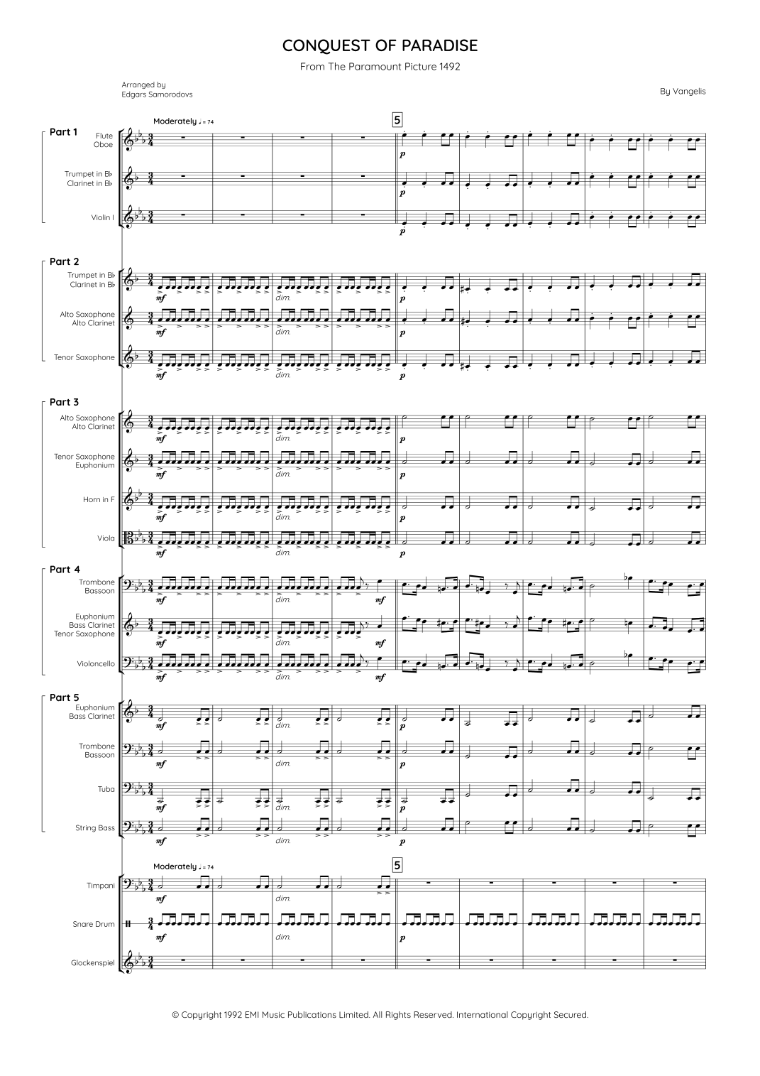 Conquest Of Paradise (arr. Edgars Samorodovs) by Vangelis Sheet Music ...