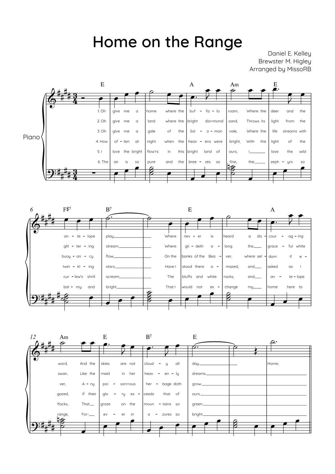 Home on the Range - Piano in E With Chords & Lyric - Easy (arr. MissoRB ...