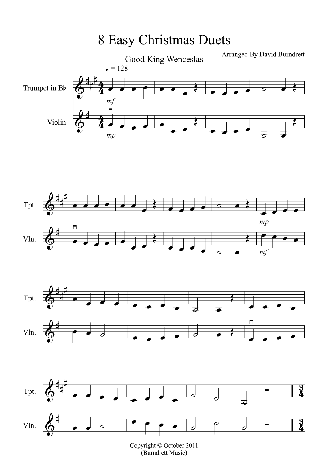 8 Easy Christmas Duets for Trumpet and Violin (arr. David Burndrett) by ...