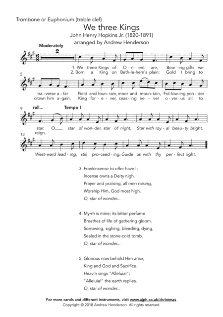 We three Kings (easy trombone or euphonium treble clef + easy piano ...