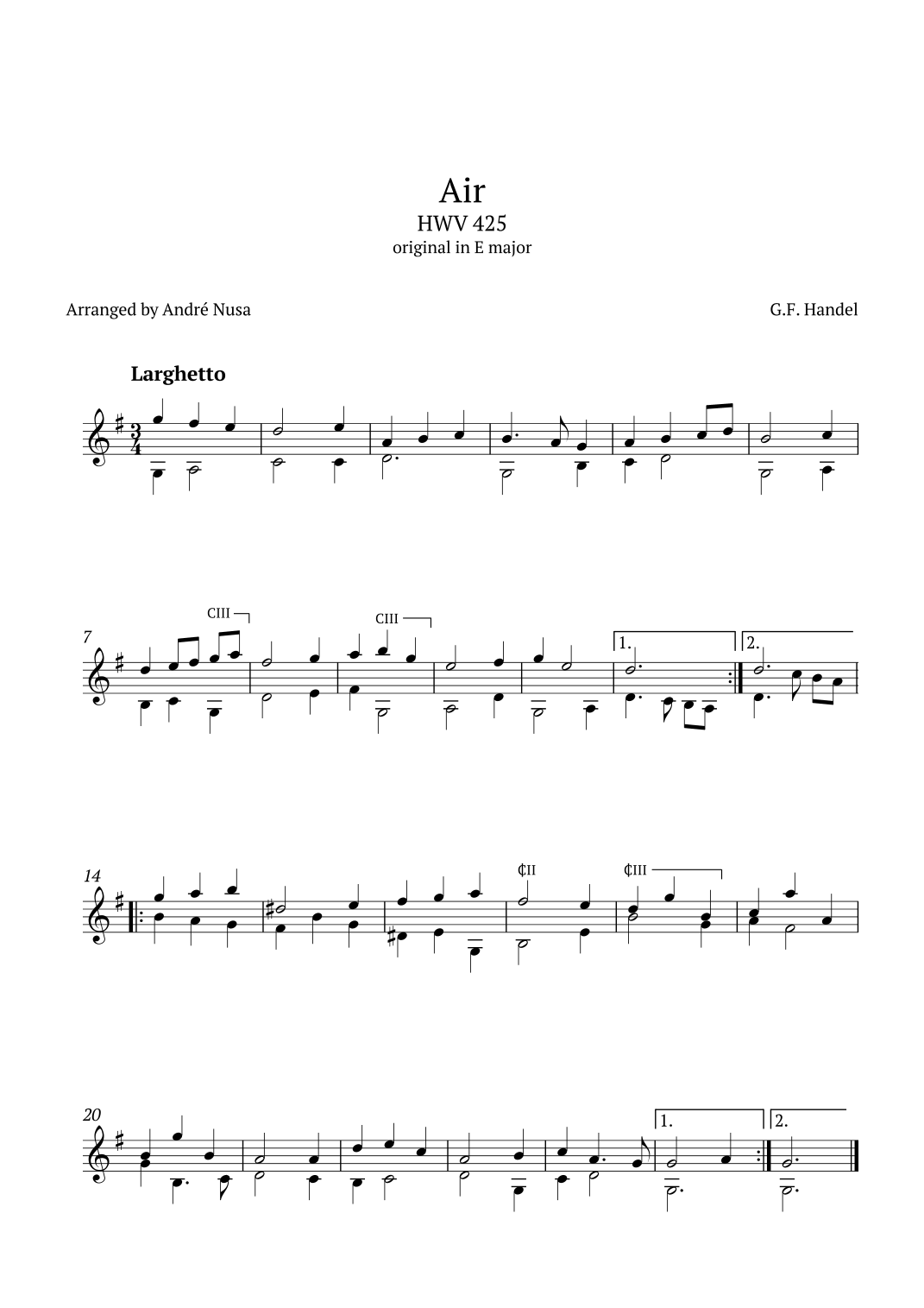 9 Airs For Guitar arr Andr Nusa By George F Handel Sheet Music For