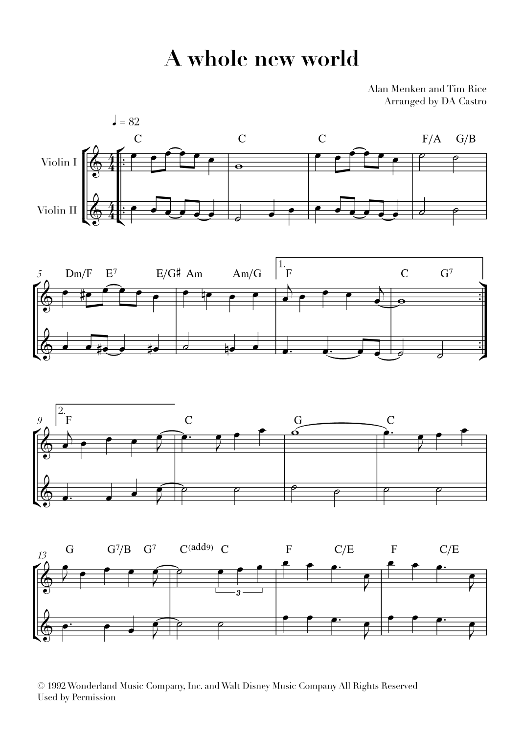 A Whole New World (arr. DA Castro) by Tim Rice Sheet Music for Violin ...