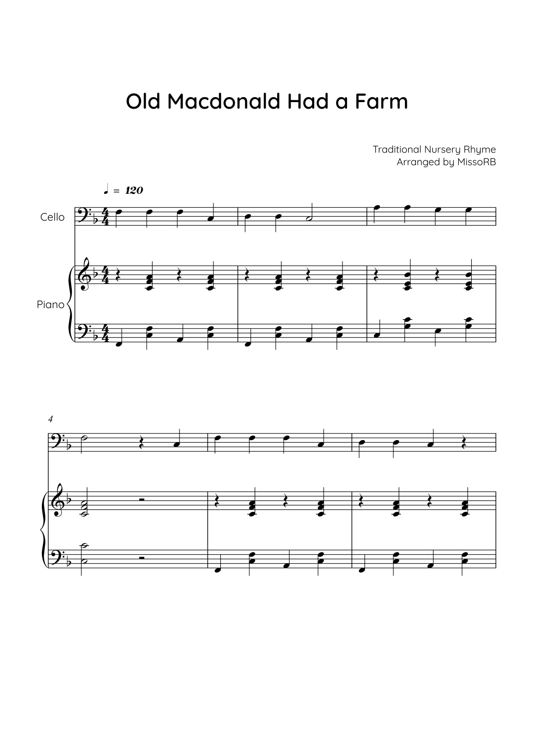 Old Macdonald Had a Farm - Cello & Piano in F - Easy (arr. MissoRB) by ...