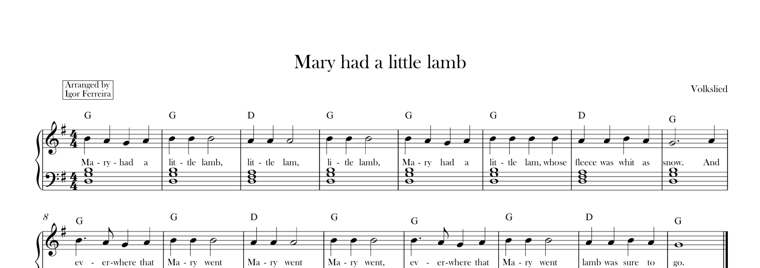 Mary had a little lamb (arr. Igor Ferreira) by Lowell Mason Sheet Music ...