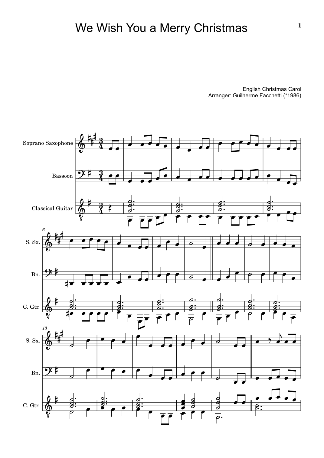 We Wish You a Merry Christmas - For S. Sax., Bassoon and Guitar. With ...