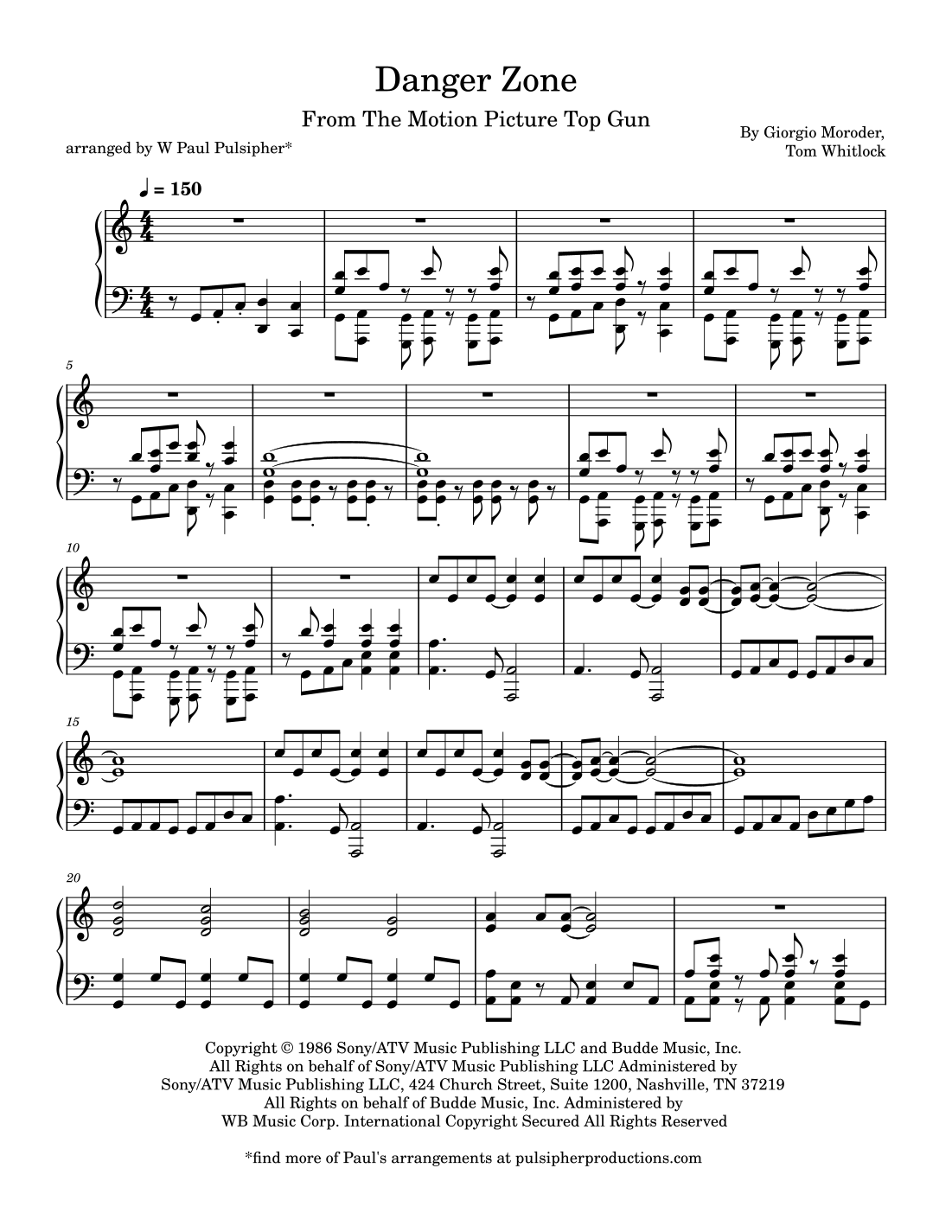 Danger Zone (arr. W Paul Pulsipher) by Kenny Loggins Sheet Music for ...