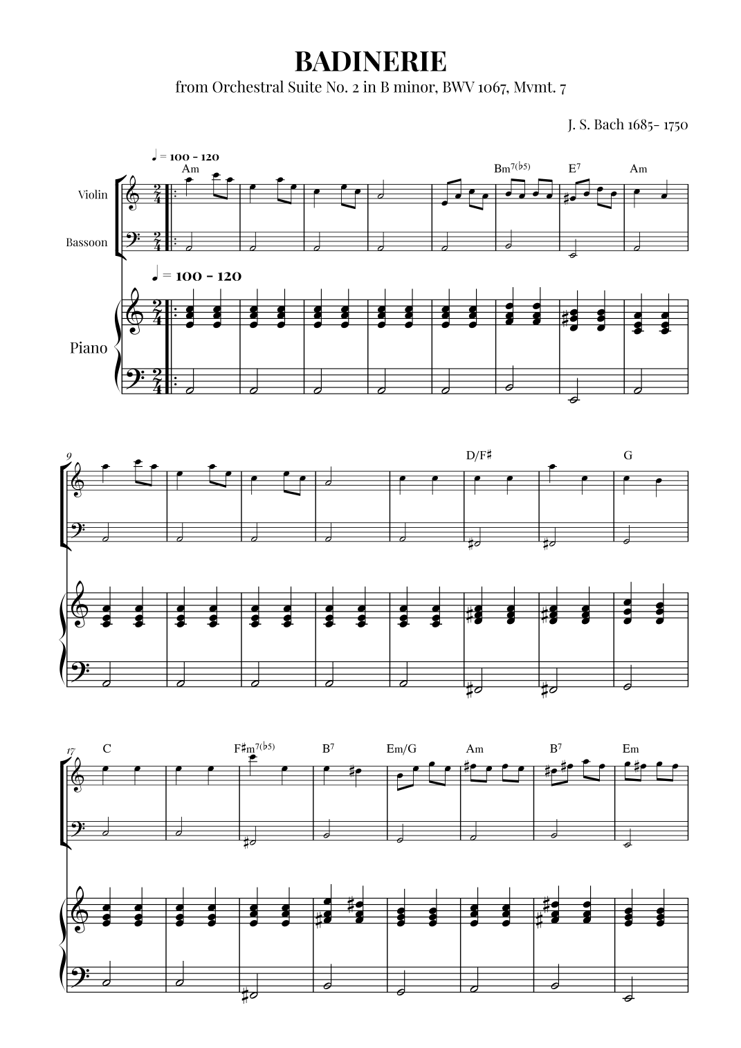 Badinerie (BWV 1067) - Easy Violin, Bassoon and Piano (with Chords ...