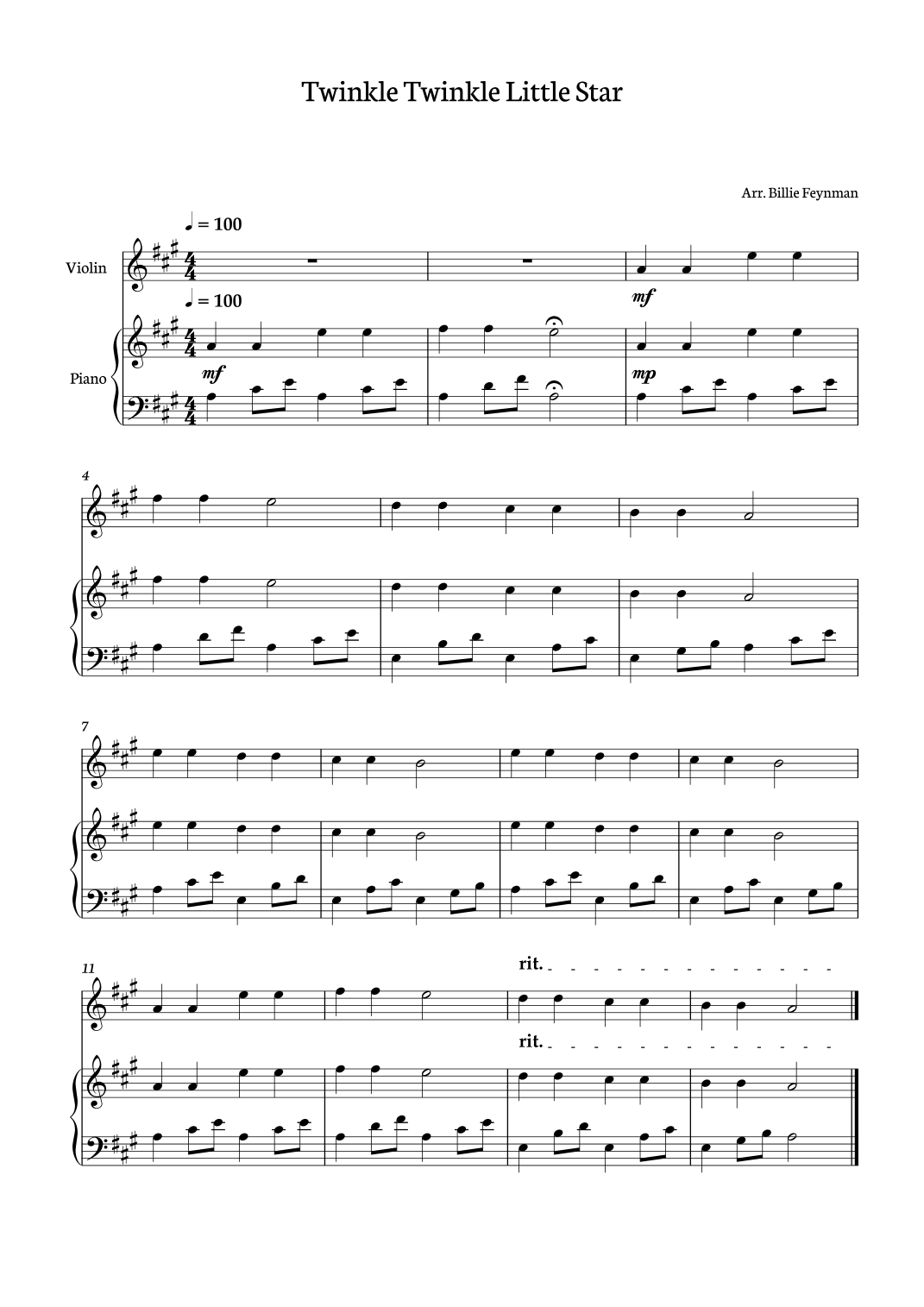 Twinkle, Twinkle Little Star for Violin with piano accompaniment (arr ...