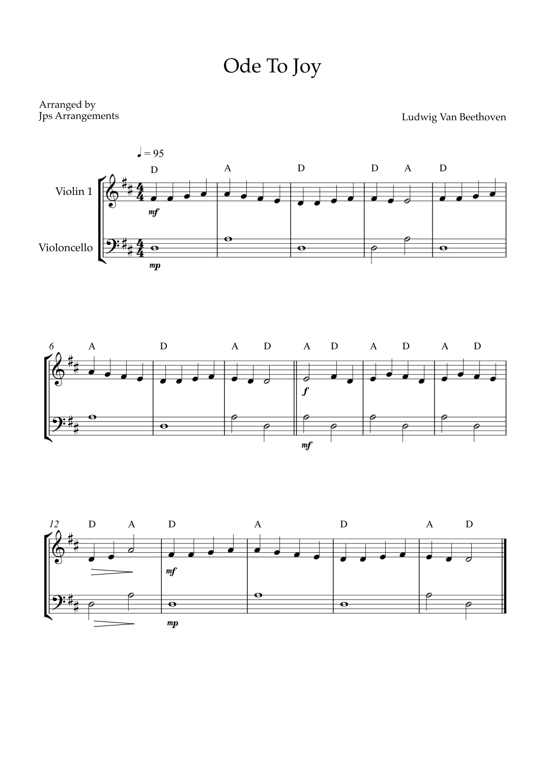 Ode to Joy for Violin and Cello - Key of D (arr. Jps Arrangements) by ...