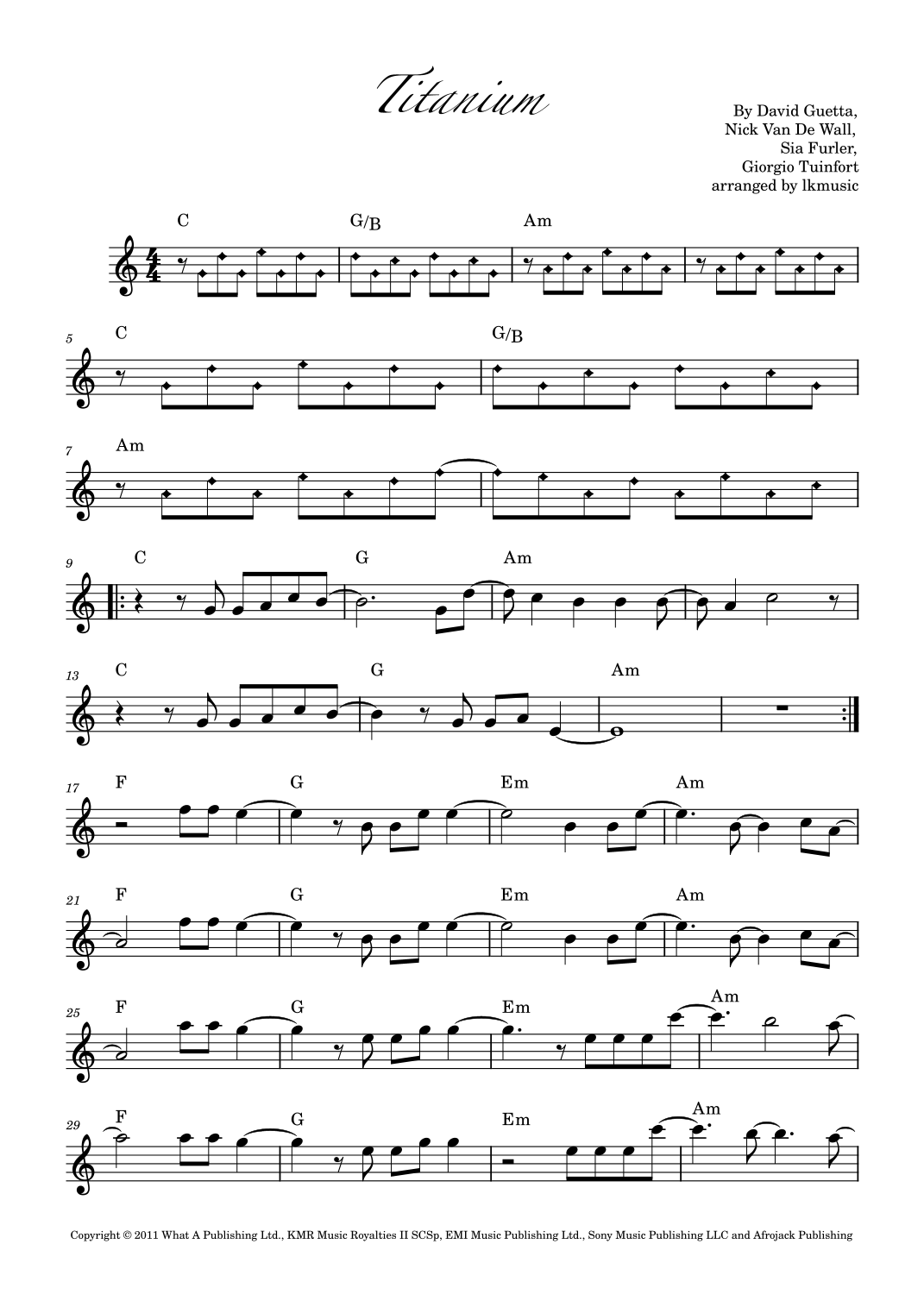 Titanium (arr. Lkmusic) by David Guetta Featuring Sia Sheet Music for ...