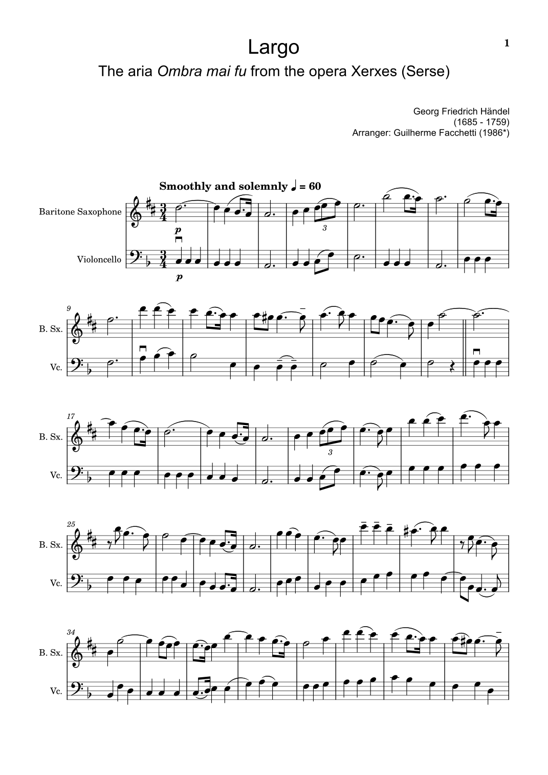 G. F. Händel – Largo from Xerxes, B. Sax. and Cello. (arr. Guilherme Facchetti) by Georg ...