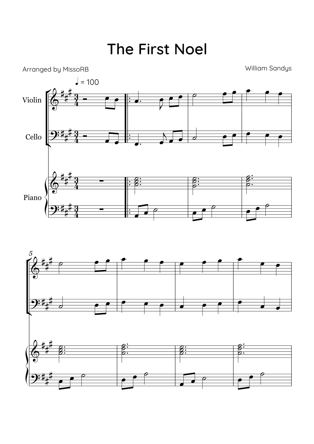 The First Noel - Violin Duet, Cello & Piano in A Major (Easy) by ...