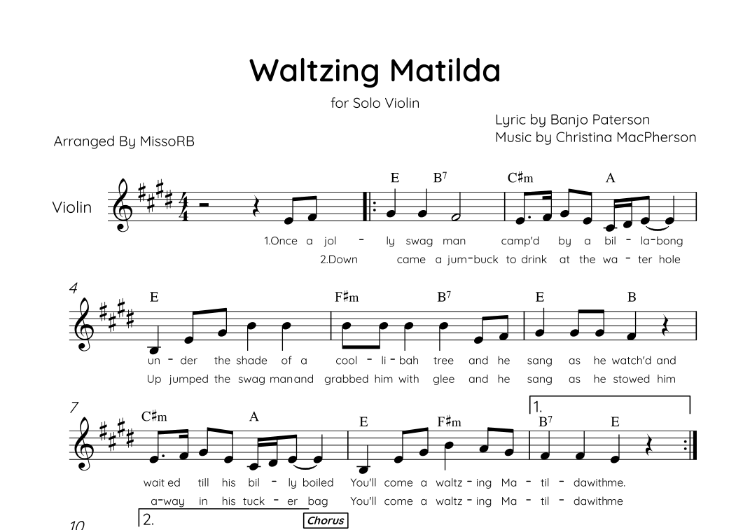 Waltzing Matilda - Solo Violin in E Major With Lyrics & Chords (arr ...