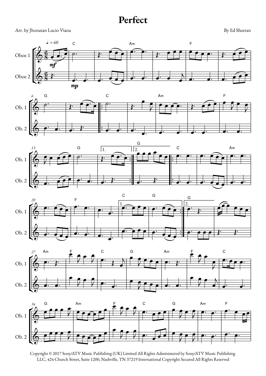 Perfect (arr. Jhonatan Lucio Viana) by Ed Sheeran Sheet Music for Oboe Duet at Sheet Music Direct