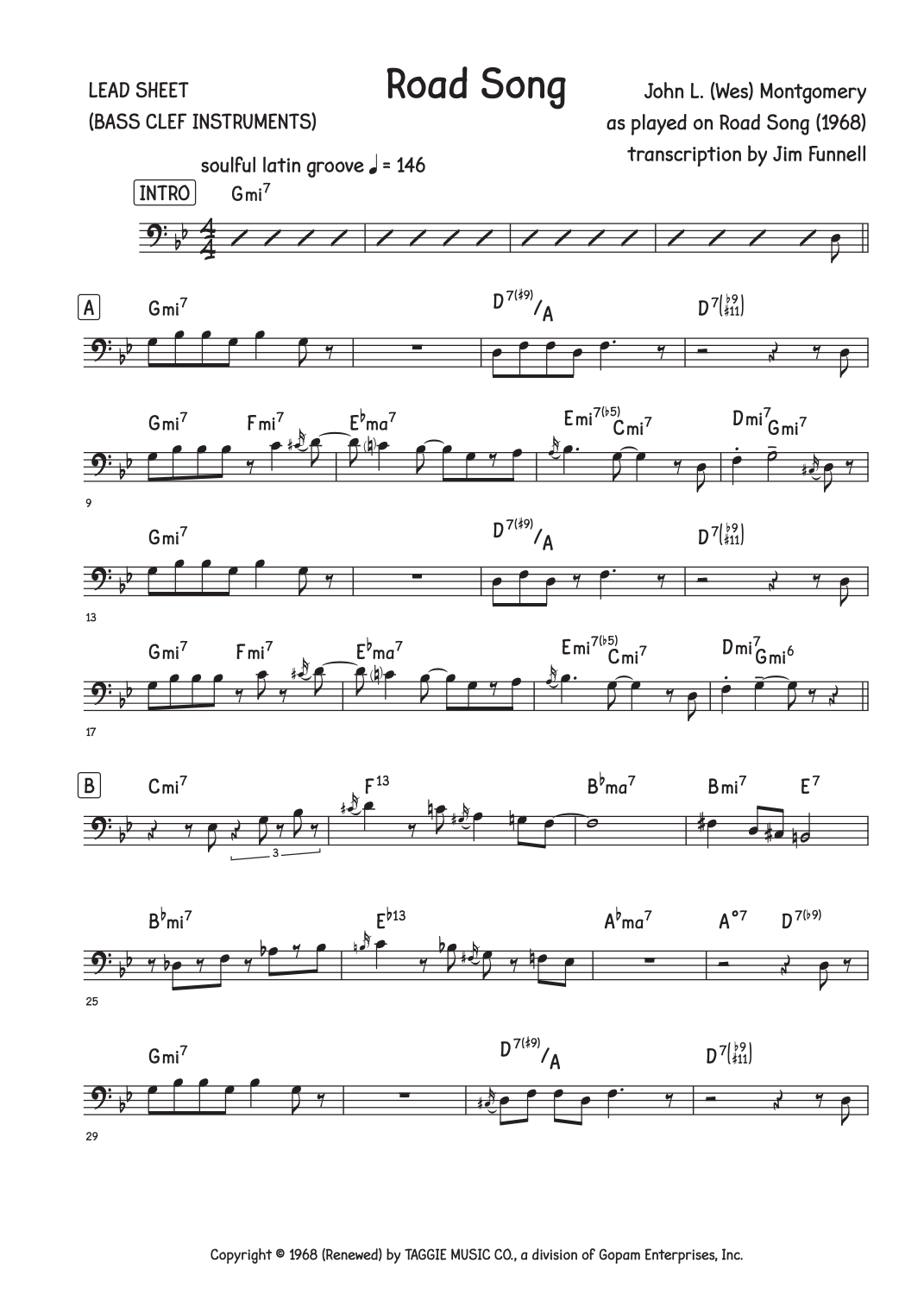 Road Song (arr. Jim Funnell) by Wes Montgomery Sheet Music for Lead ...