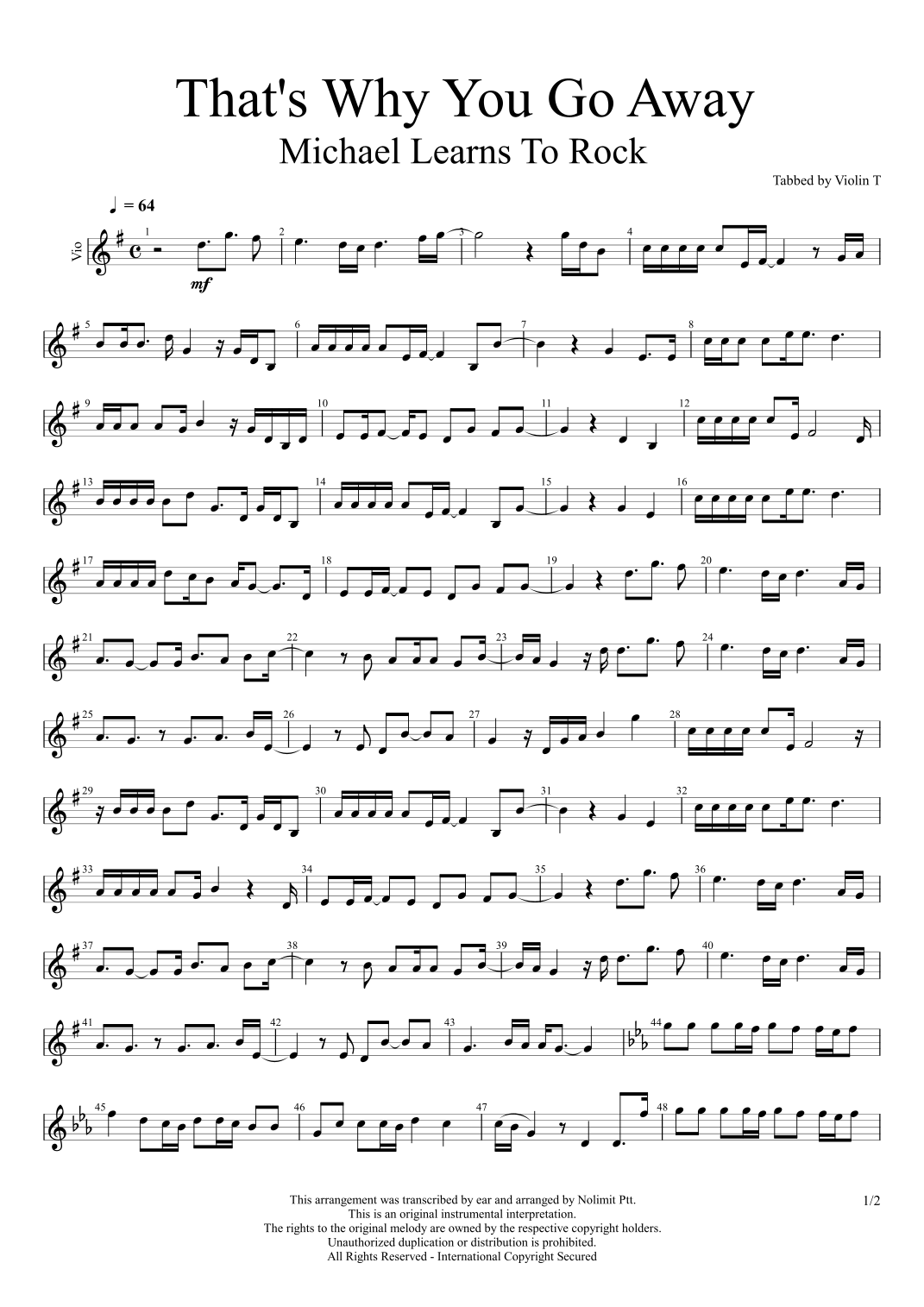 That's Why You Go Away (arr. Violin T) by Mïchael Learns to Rock Sheet ...