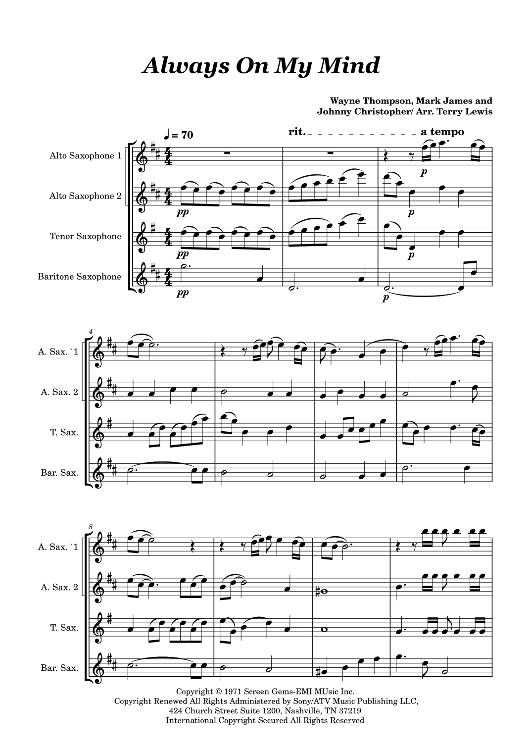 Always On My Mind (arr. Terry Lewis) by Elvis Presley Sheet Music for ...