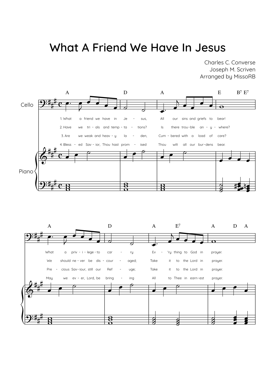 What a Friend We have in Jesus - Cello & Piano in A With Chords & Lyric ...