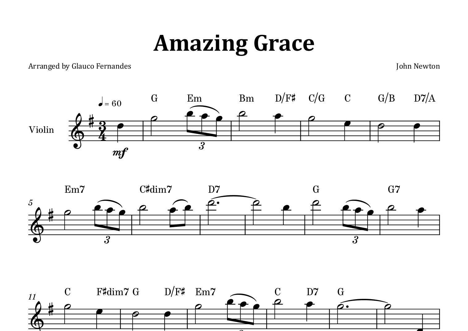 Amazing Grace - Violin Solo with Chord Notation (arr. Glauco Fernandes ...