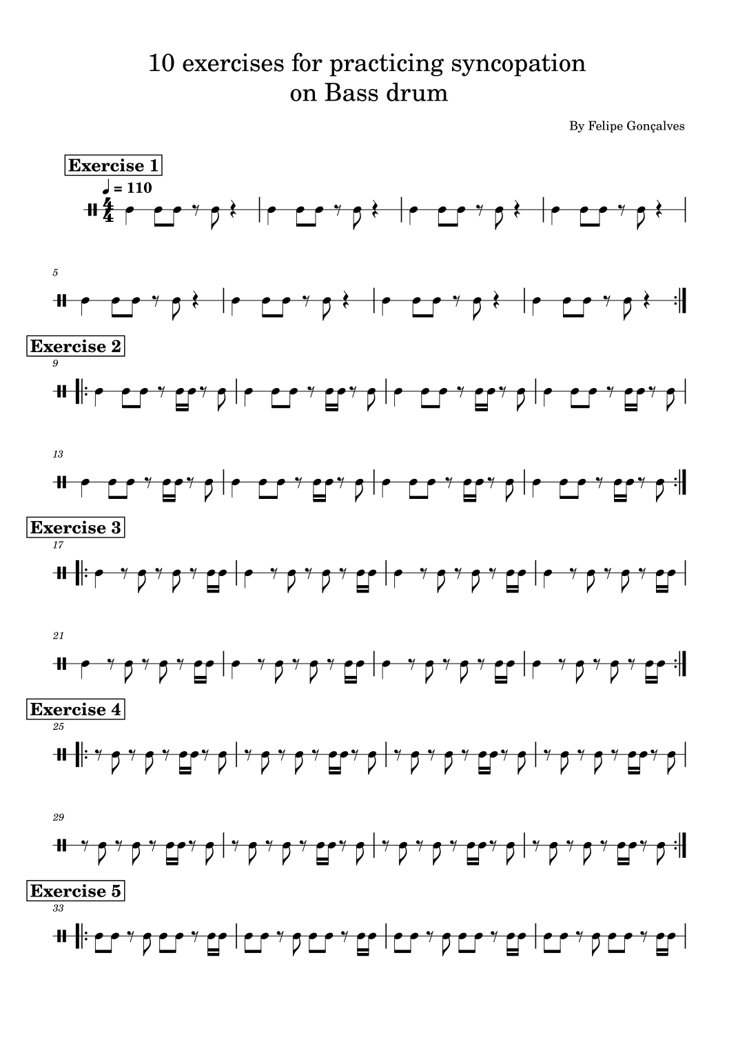 10 exercises for practicing syncopation on Bass drum by Felipe ...