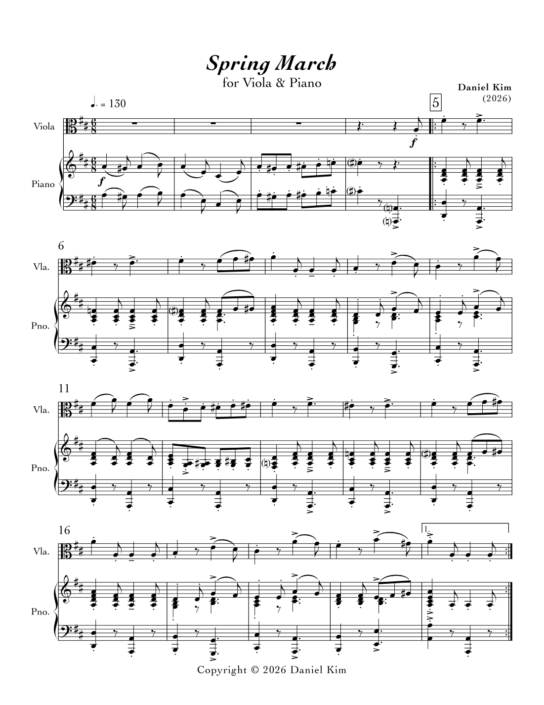 Spring March (Viola & Piano) by Daniel Kim Sheet Music for Viola and ...
