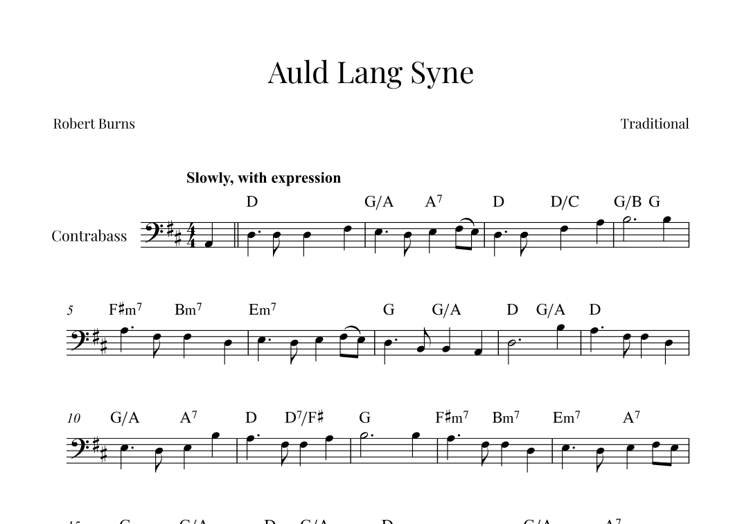 Auld Lang Syne - Solo Contrabass with Chord Symbols (arr. André Grella ...