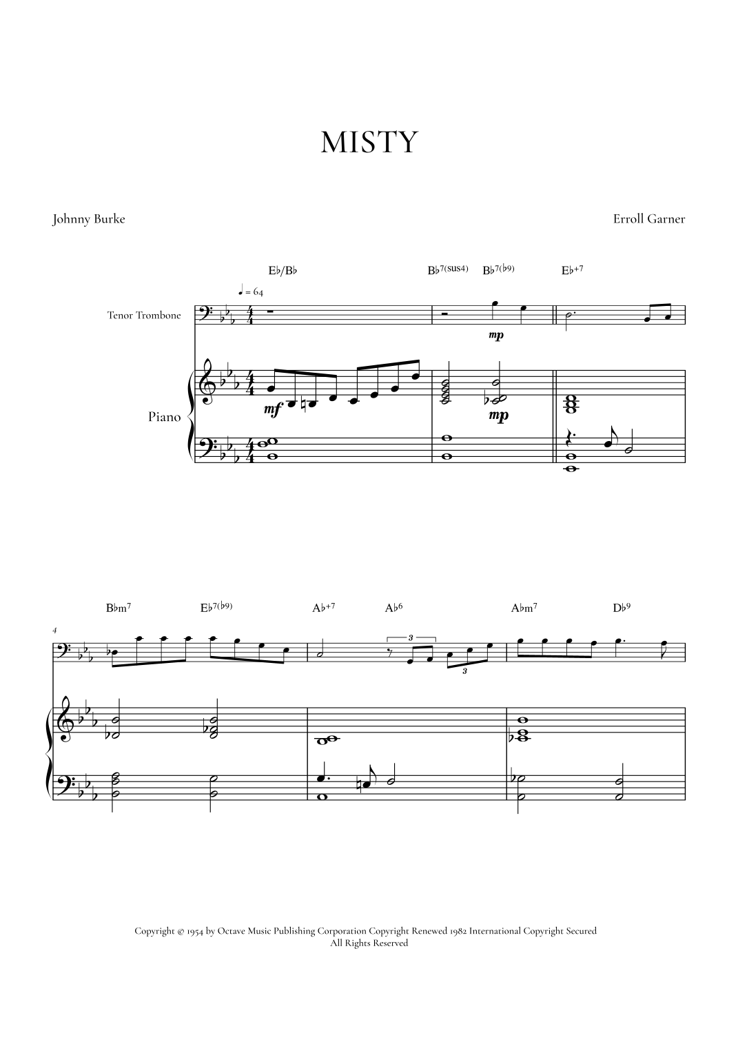 Misty (arr. Phee) by Johnny Mathis Sheet Music for Trombone and Piano ...