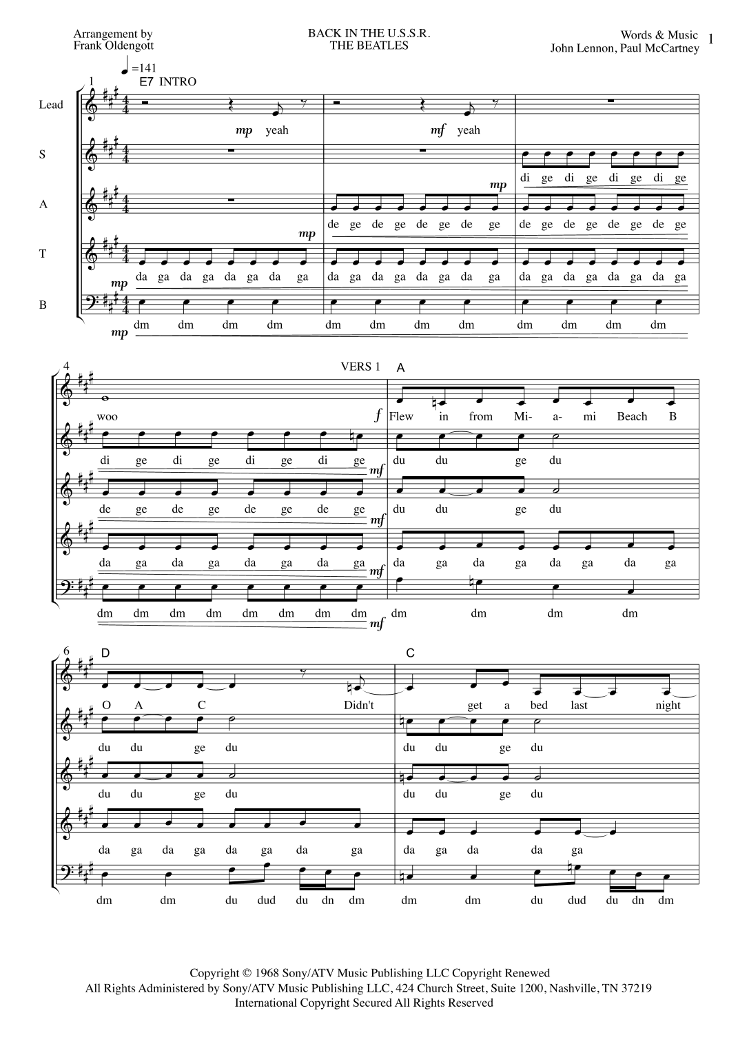 Back In The U.s.s.r. (arr. Frank Oldengott) by The Beatles Sheet Music ...