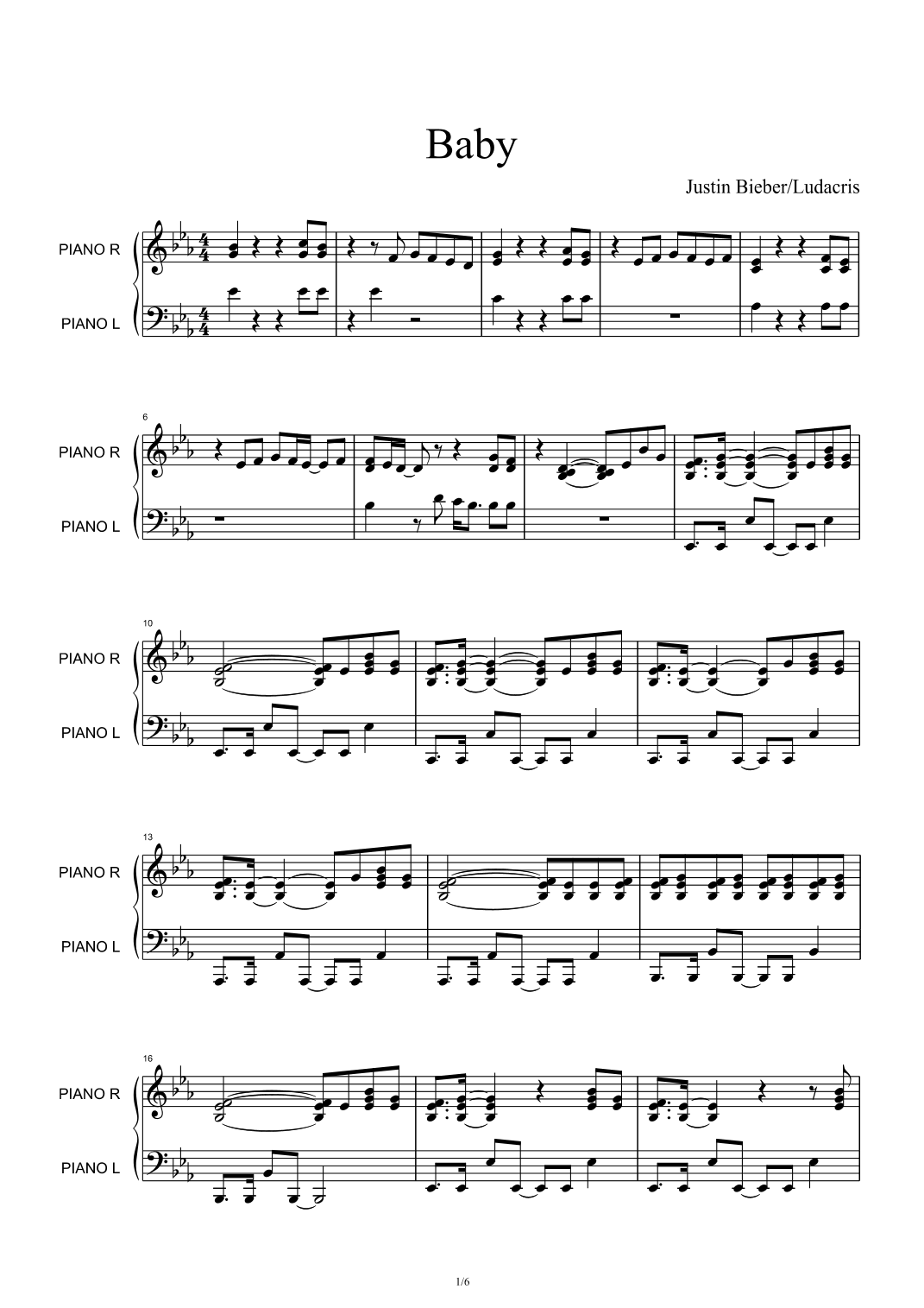 Baby (arr. Justin Bieber featuring Ludacris) Sheet Music | Justin ...