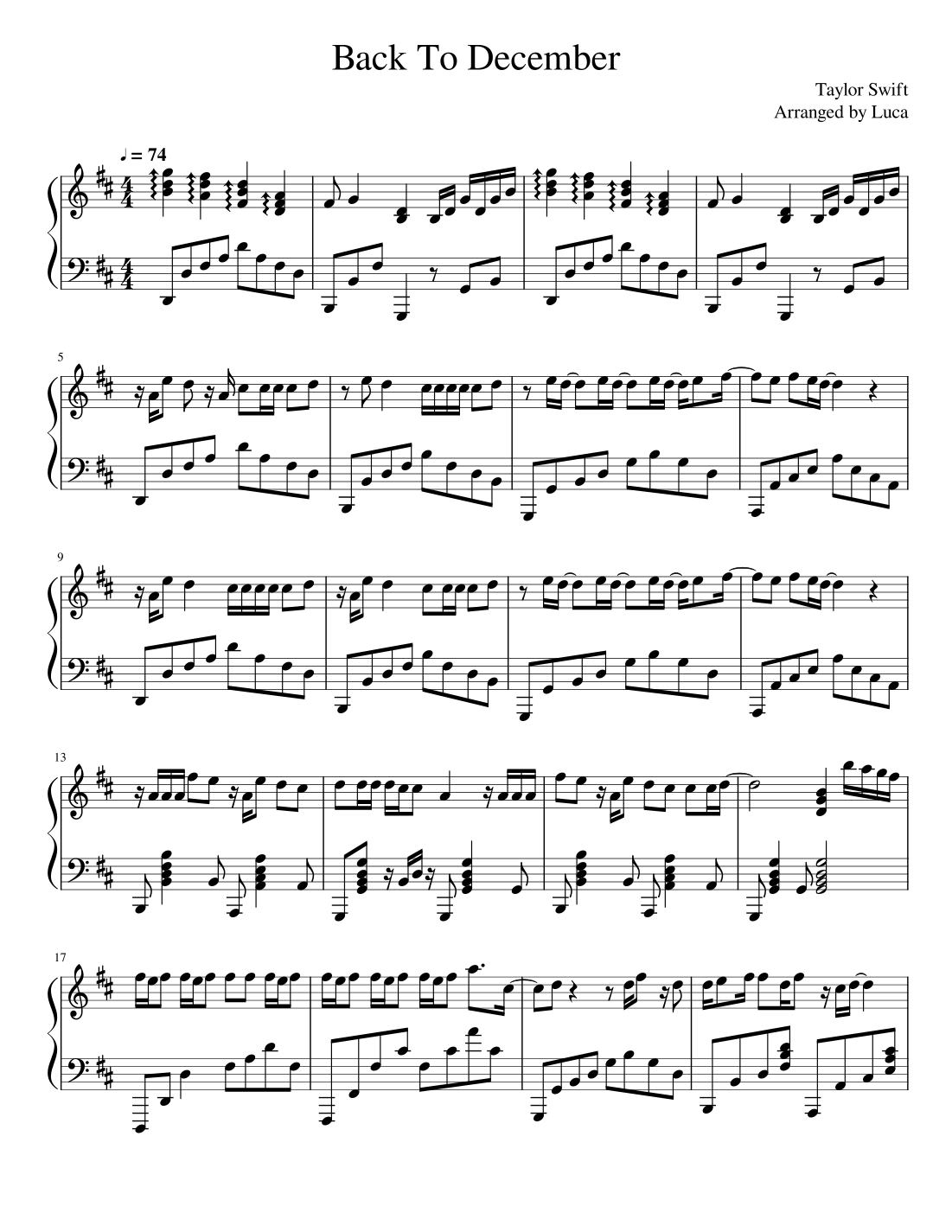 Back To December (arr. Luca) by Taylor Swift Sheet Music for Piano Solo ...