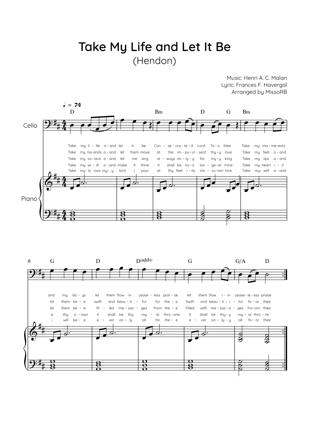Take My Life and Let It Be - Cello & Piano in D - Easy With Chords ...