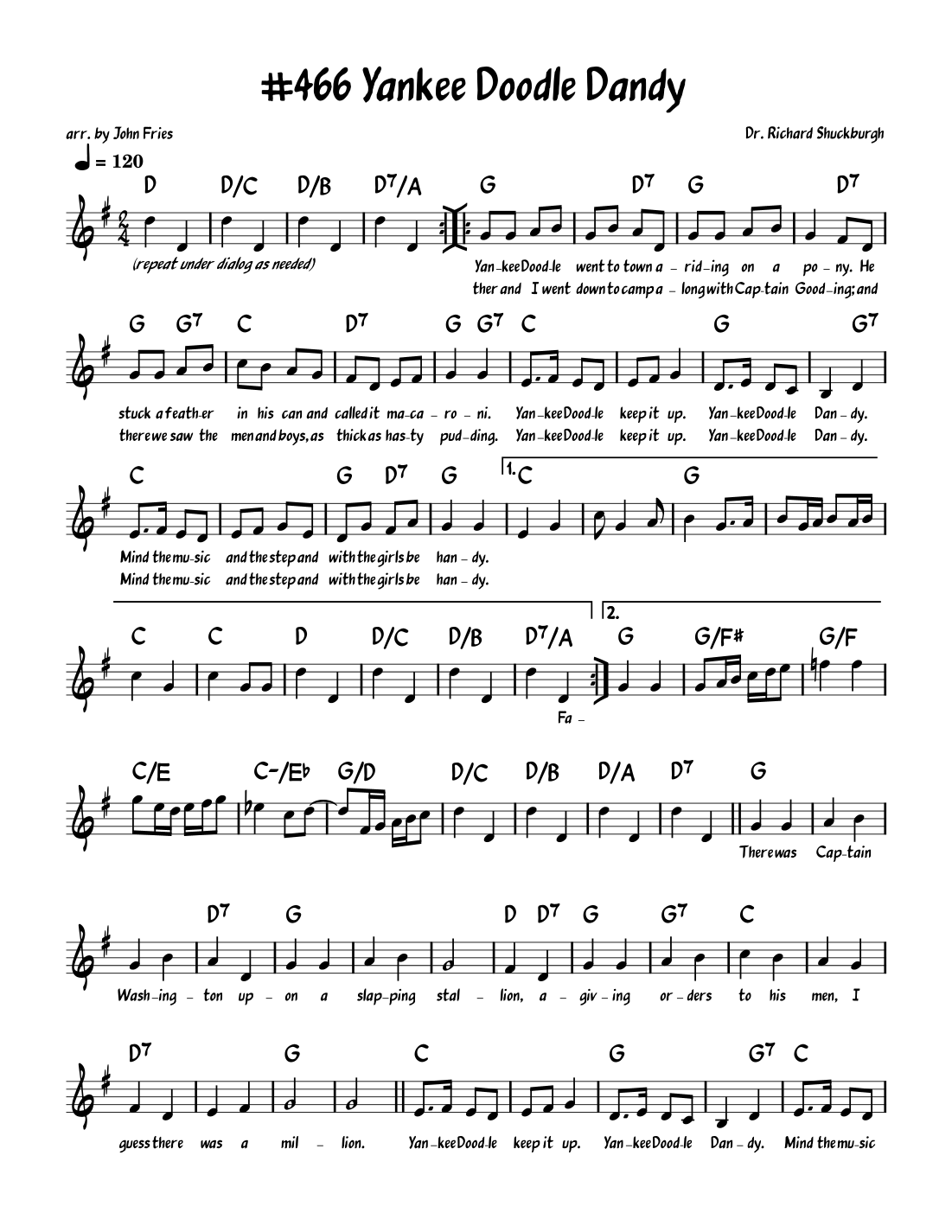 Yankee Doodle Dandy (arr. John Fries) by Unknown Sheet Music for Piano ...