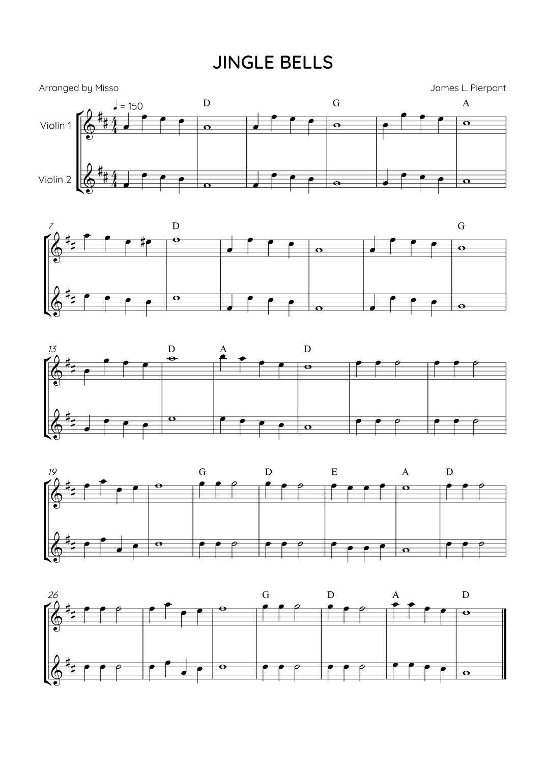 Jingle Bells - Violin Duet in D Major (Beginner With Chords) (arr ...