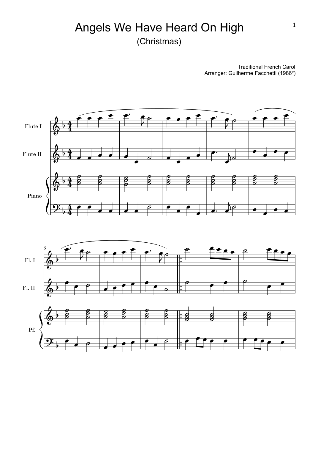 Angels We Have Heard On High - Flute Duet and Piano. With Parts. (arr ...