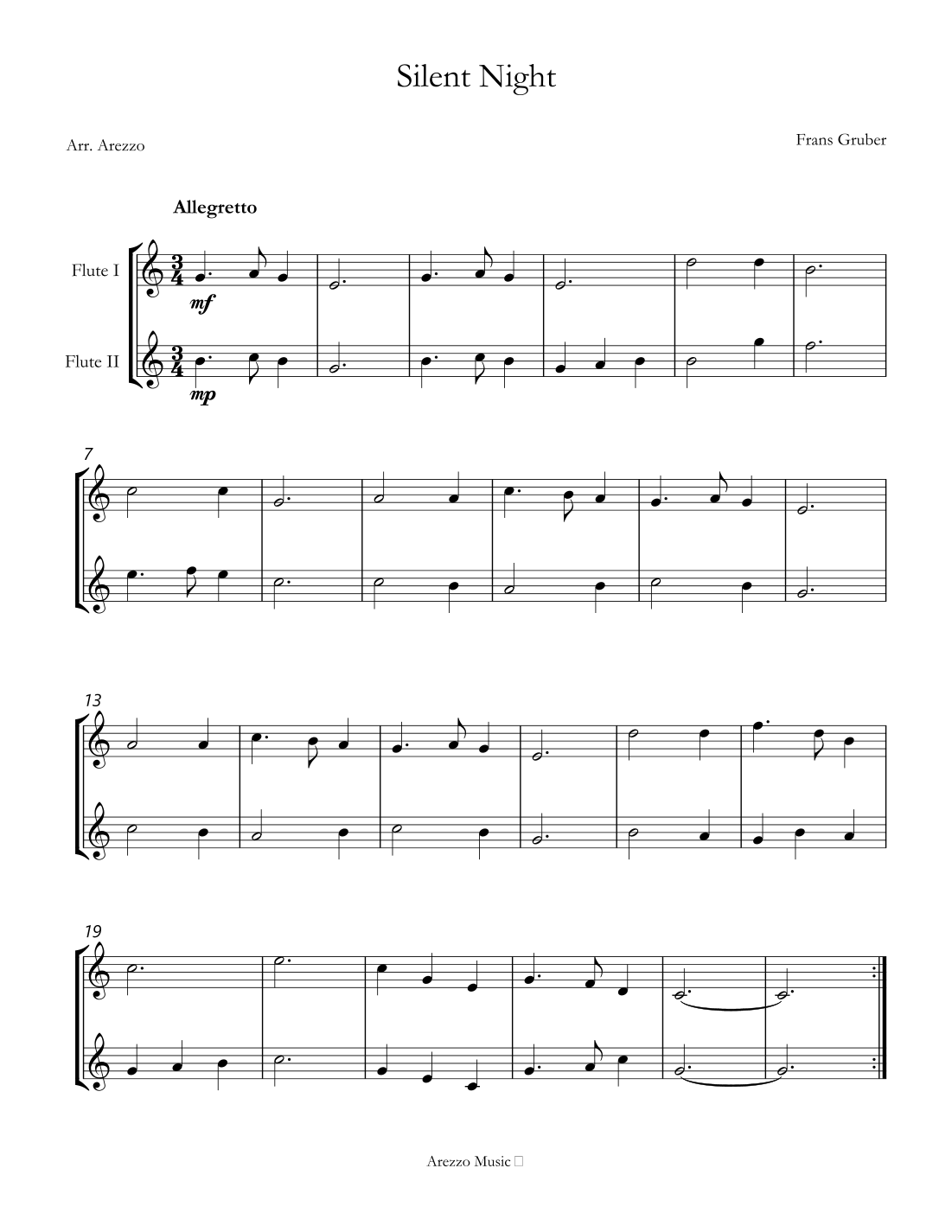Franz Gruber Silent Nigth Flute duet sheet Music (arr. Arezzo Music) by ...