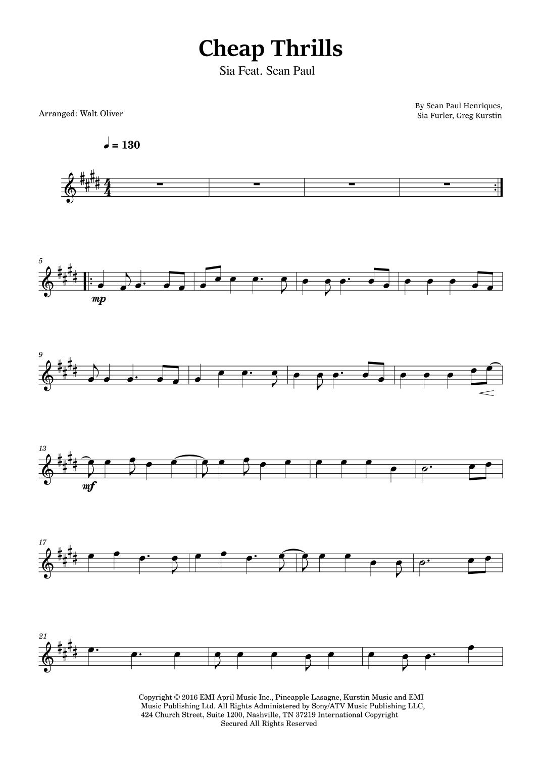Cheap Thrills (Feat. Sean Paul) (arr. Walt Oliver) by Sia feat. Sean ...