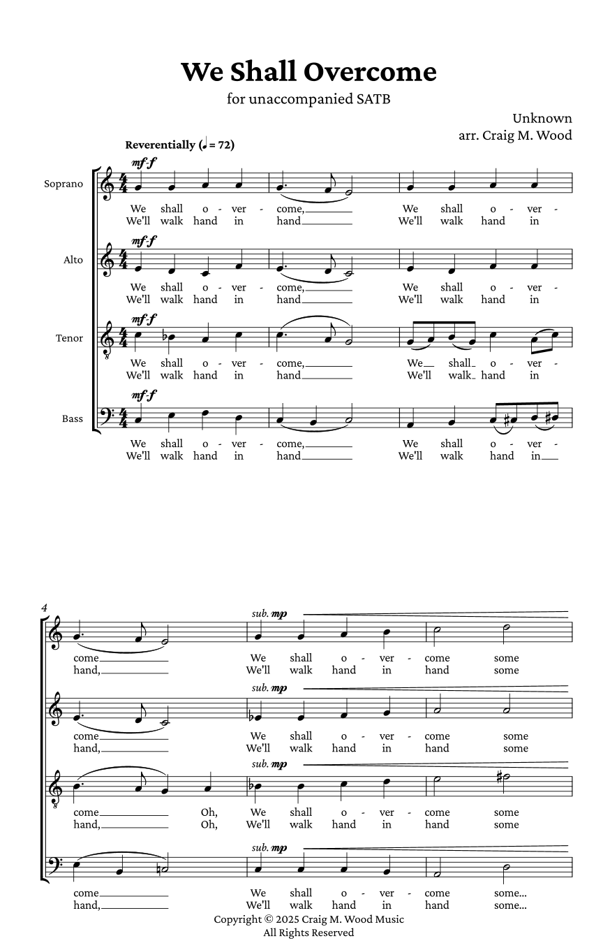 We Shall Overcome (arr. Craig M. Wood by Unknown Sheet Music for SATB ...