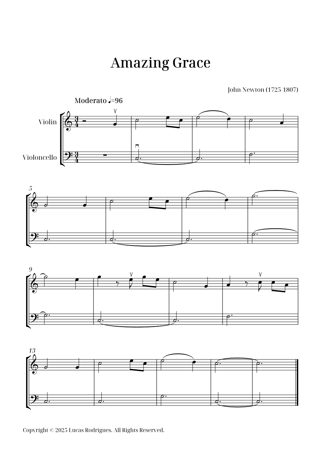 Amazing Grace (arr. Lucas Rodrigues) by John Newton Sheet Music for Instrumental Duet at Sheet ...