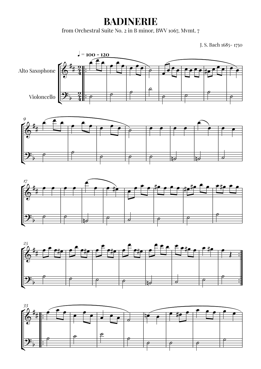 Badinerie (BWV 1067) – Easy Alto Saxophone and Cello (arr. Leonardo ...