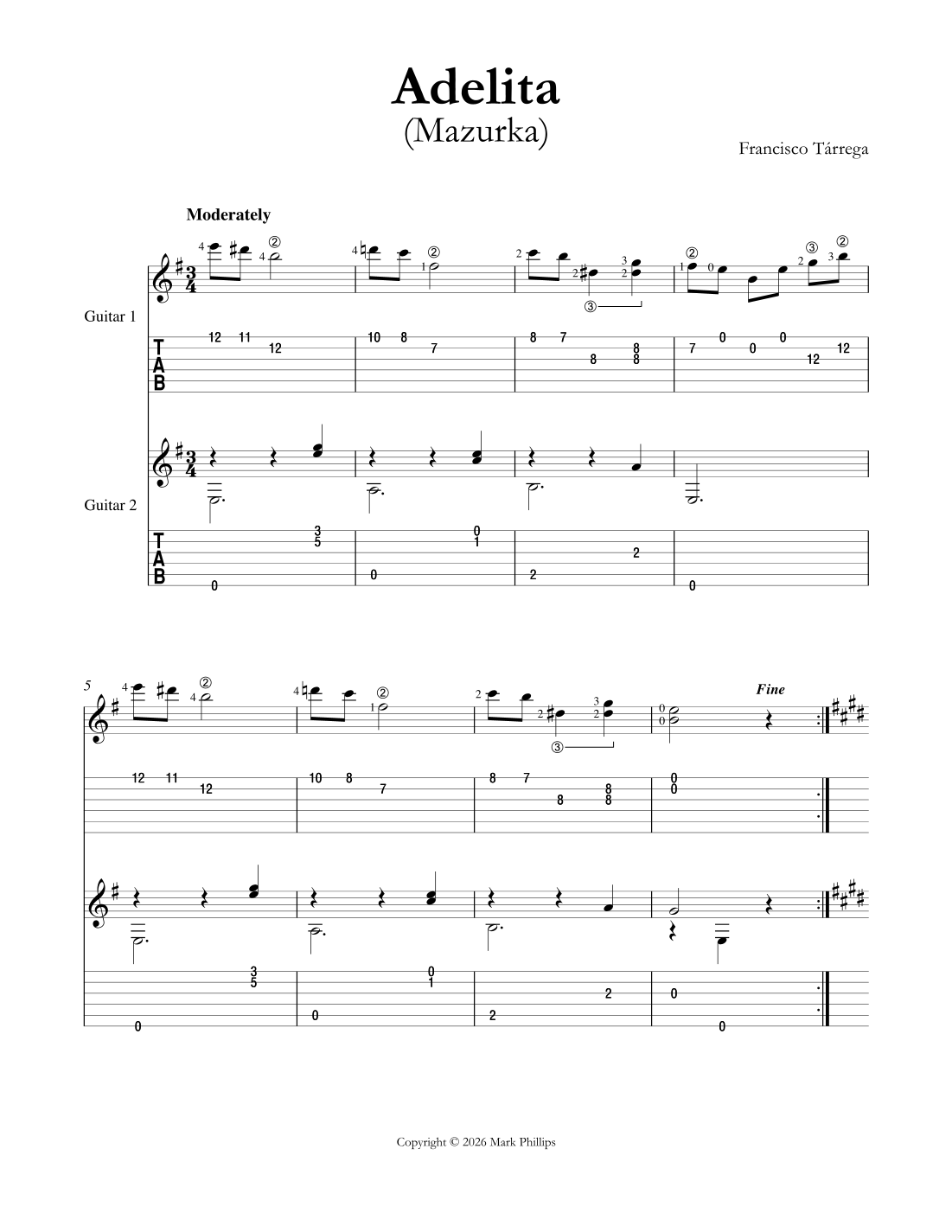 Adelita (Mazurka) (arr. Mark Phillips) por Francisco Tárrega Partituras ...