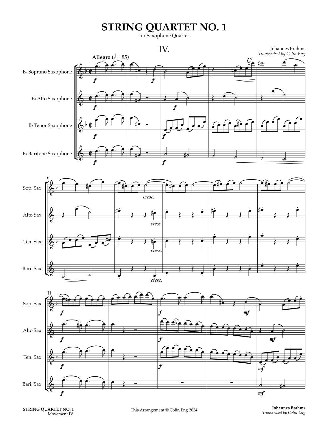 String Quartet No. 1, MOVEMENT IV (arr. Colin Eng) von Johannes Brahms ...