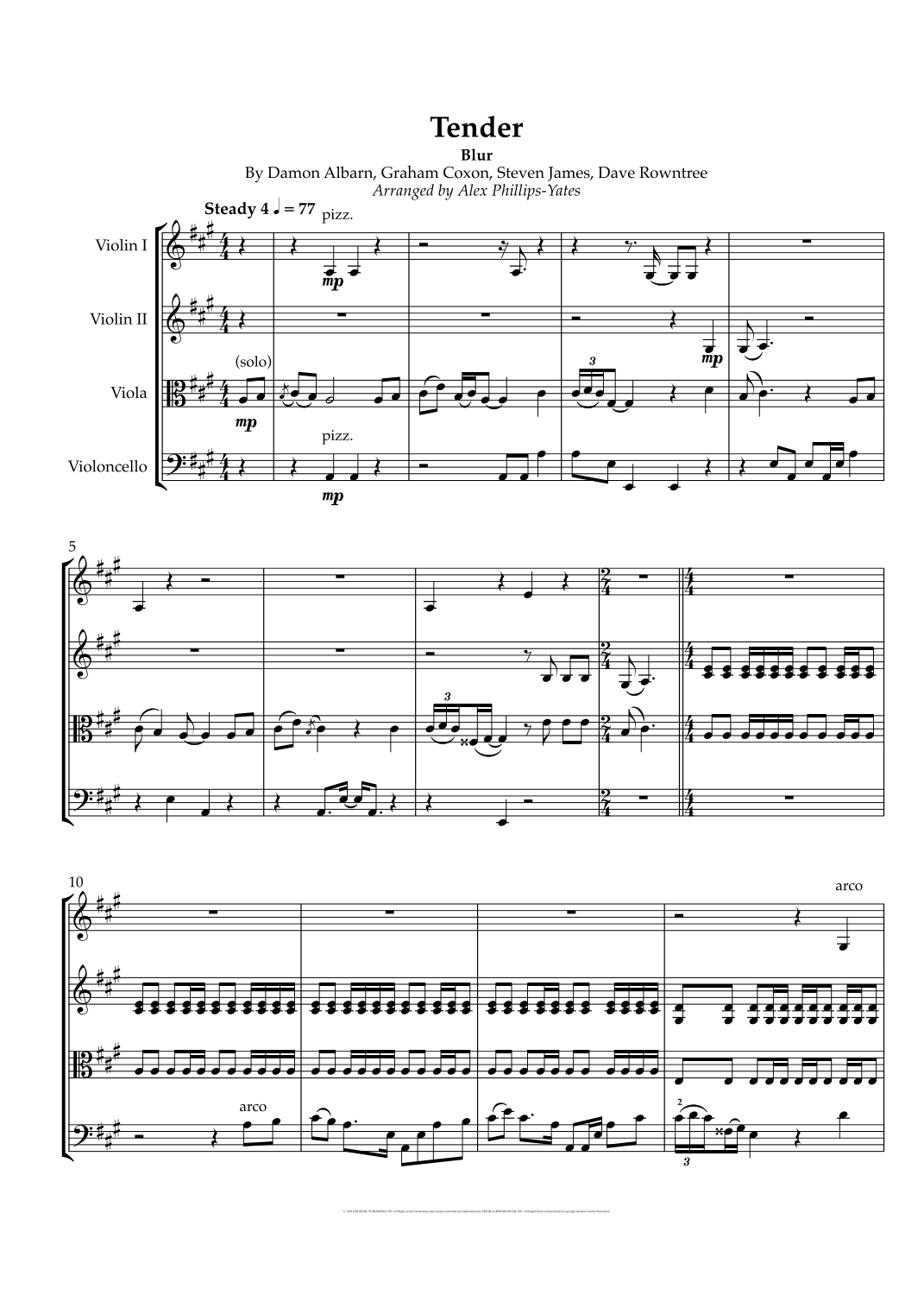 Tender (arr. Alex Phillips-Yates) by Blur Sheet Music for String ...