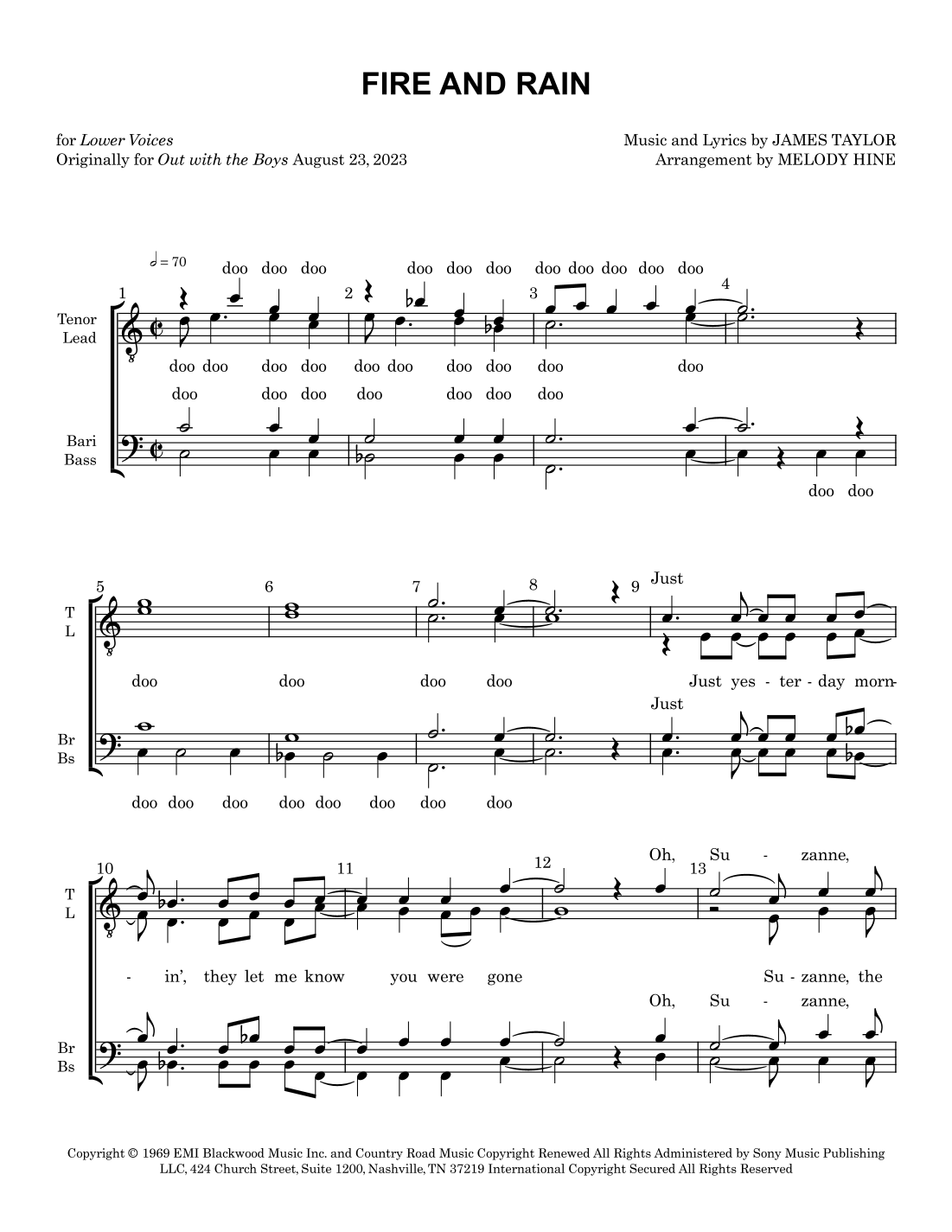 Fire And Rain (arr. Melody Hine) by James Taylor Sheet Music for TTBB ...