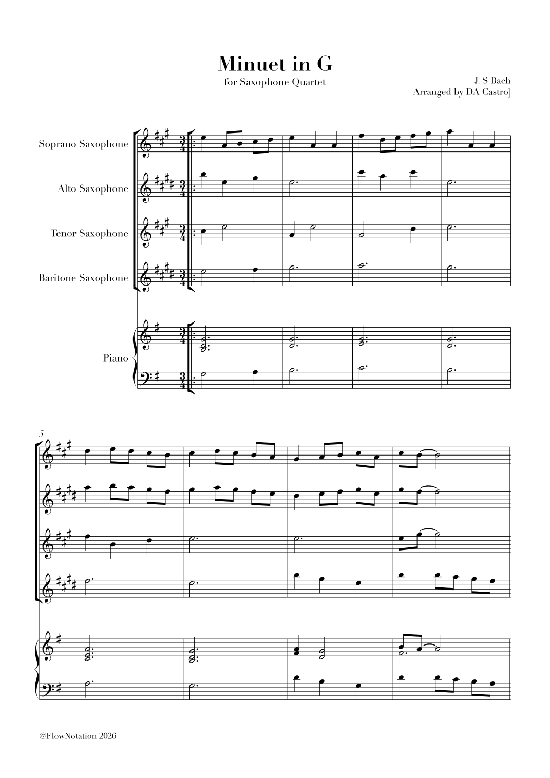 Minuet in G Major (arr. DA Castro) by Johann Sebastian Bach Sheet Music ...