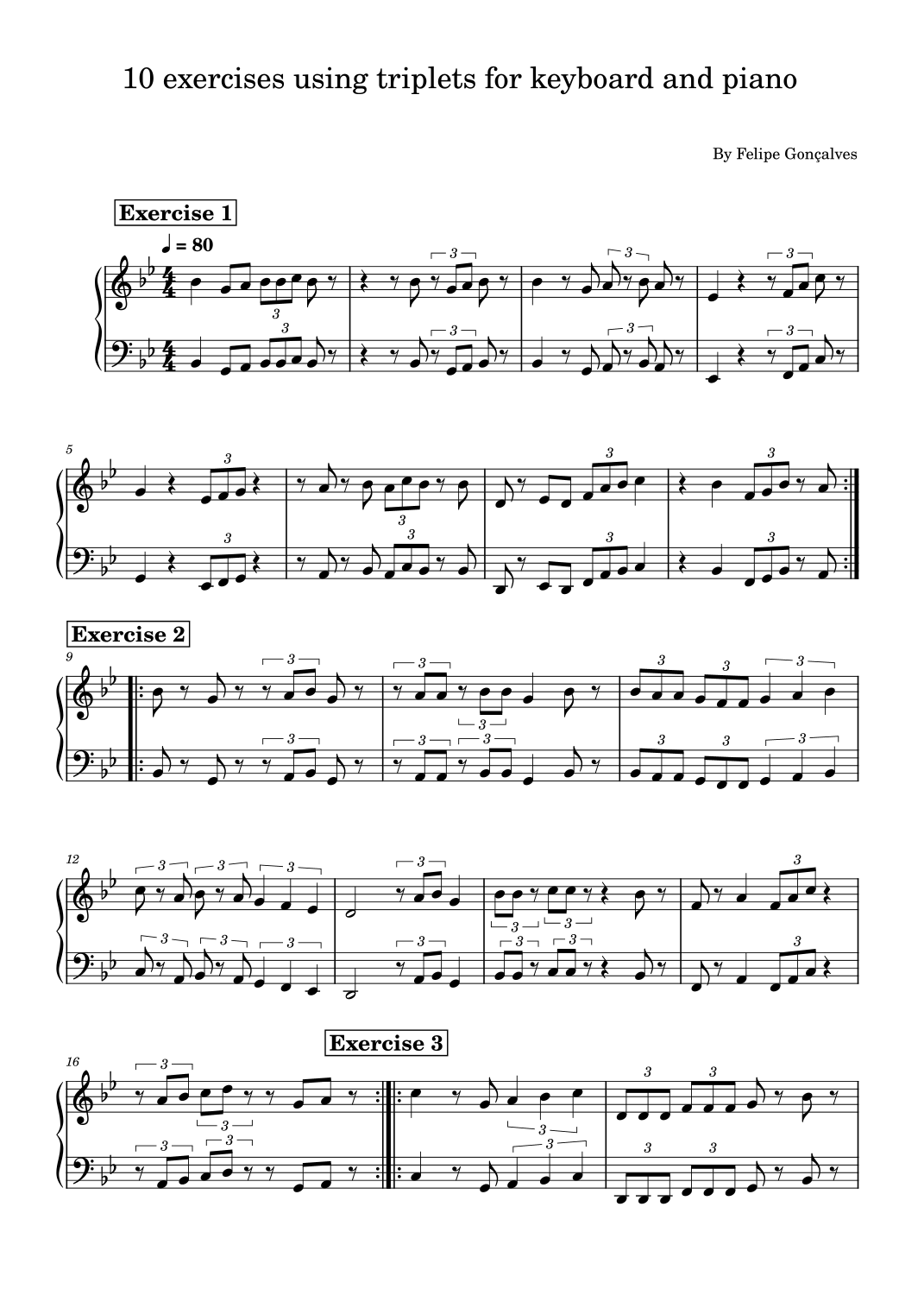 10 exercises using triplets for keyboard and piano in the key of A# ...