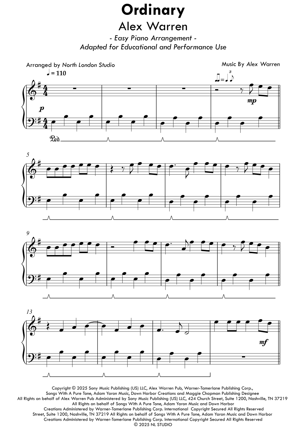 Ordinary (arr. North London studio) by Alex Warren Sheet Music for Easy ...