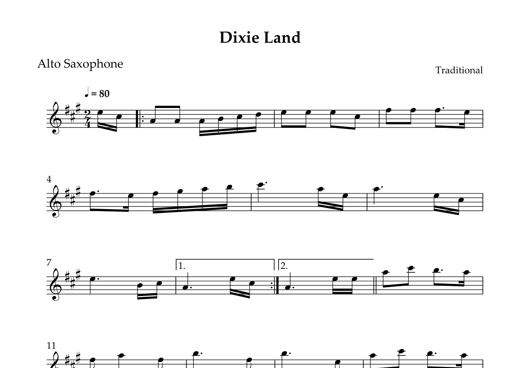 Dixie Land (arr. Wesley S. SIlva) by Traditional Sheet Music for Alto ...