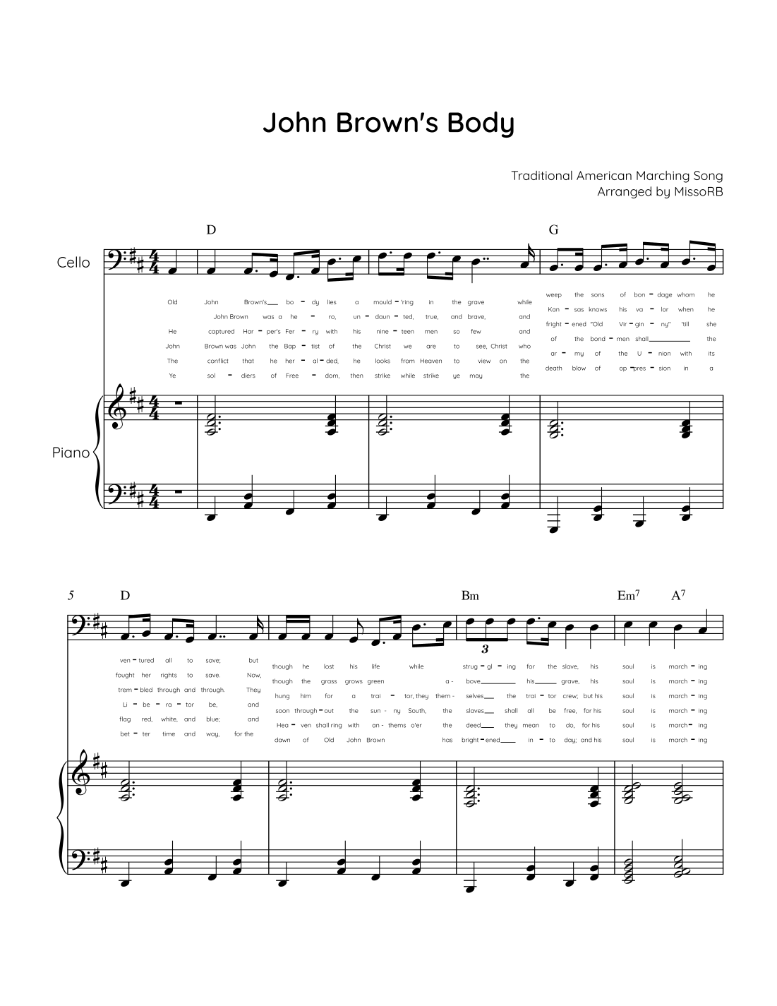 John Brown's Body - Cello & Piano in D With Chords & Lyric (arr ...